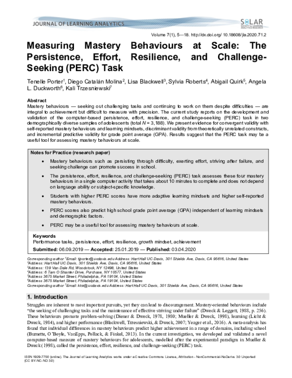(PDF) Measuring Mastery Behaviors at Scale: The Persistence, Effort ...