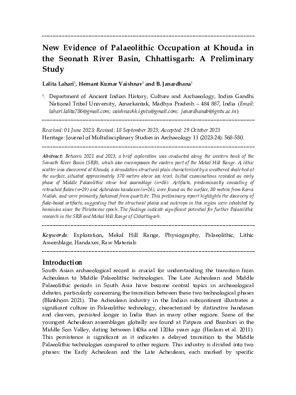 (PDF) New Evidence of Palaeolithic Occupation at Khouda in the Seonath ...