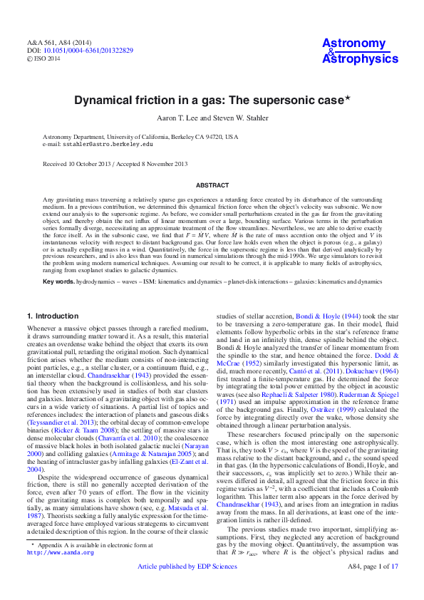 (PDF) Dynamical friction in a gas: The supersonic case