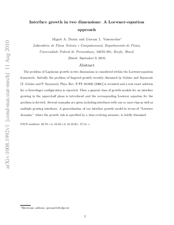 (PDF) Interface growth in two dimensions: A Loewner-equation approach