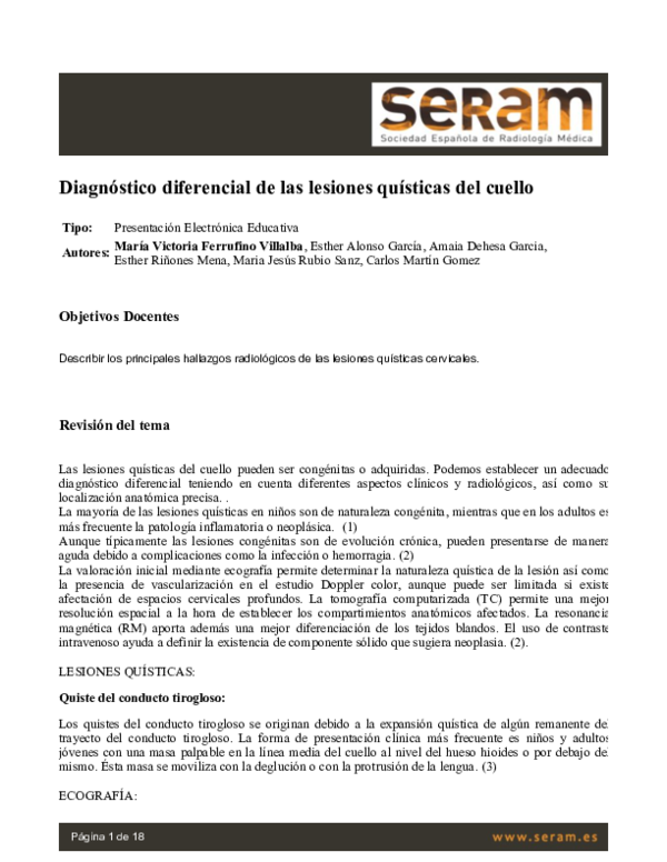 (PDF) Diagnóstico diferencial de las lesiones quísticas del cuello