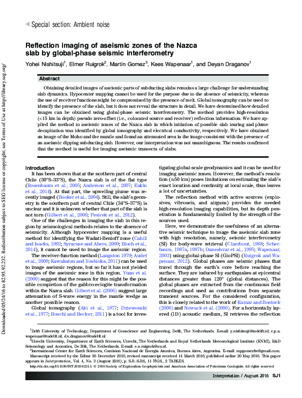 (PDF) Reflection imaging of aseismic zones of the Nazca slab by global-phase seismic interferometry
