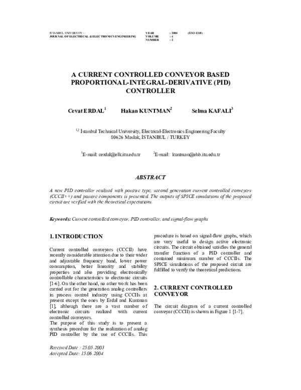 (PDF) A Current Controlled Conveyor Based Proportional-Integral-Derivative (PID) Controller