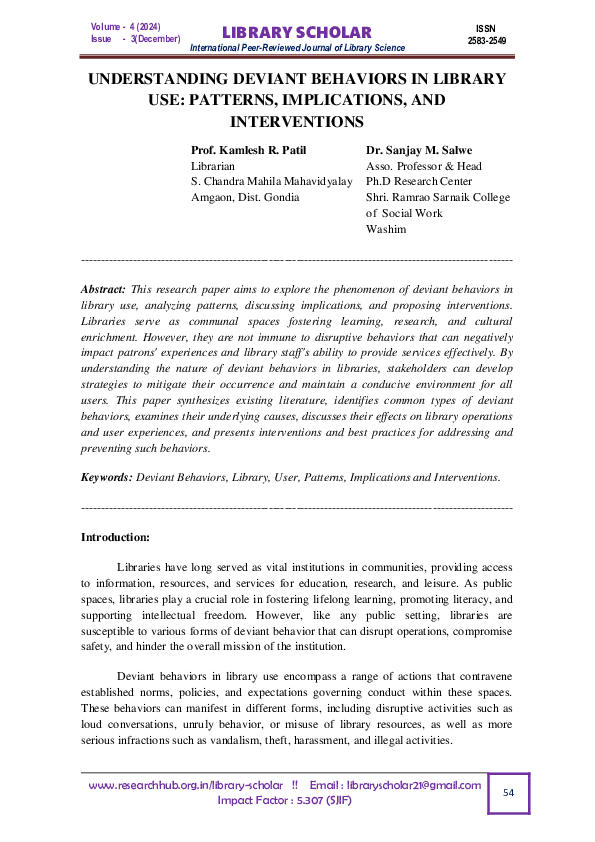 (PDF) UNDERSTANDING DEVIANT BEHAVIORS IN LIBRARY USE: PATTERNS, IMPLICATIONS, AND INTERVENTIONS