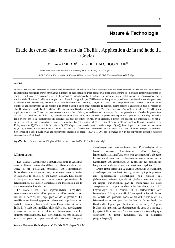 (PDF) Etude des crues dans le bassin du Cheliff . Application de la méthode du Gradex