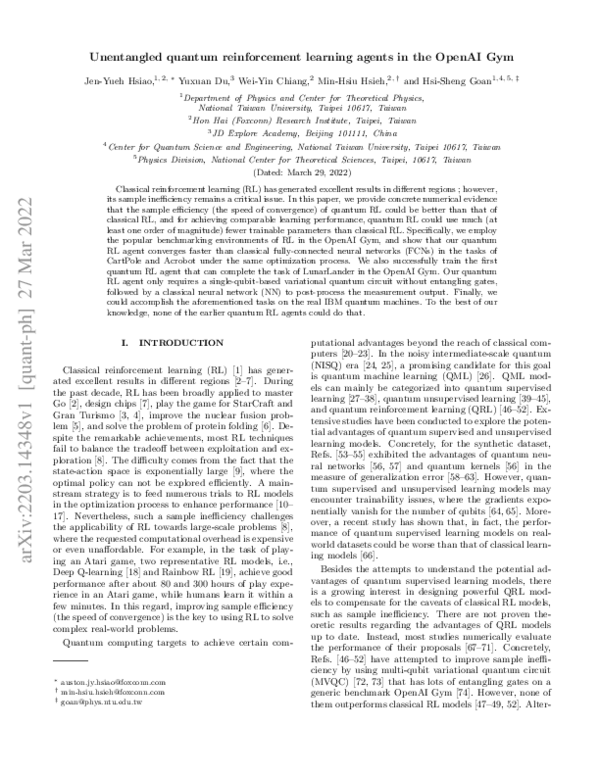(PDF) Unentangled quantum reinforcement learning agents in the OpenAI Gym