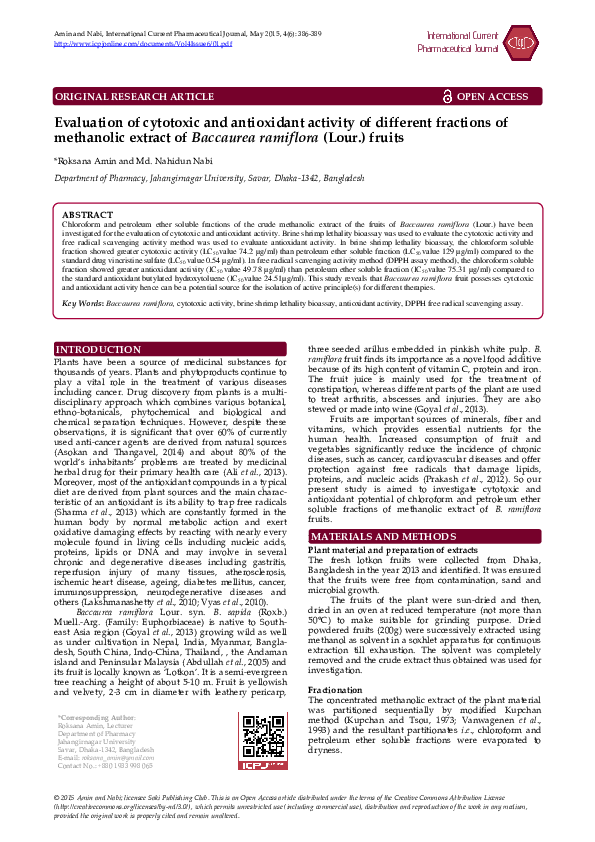 (PDF) Evaluation of cytotoxic and antioxidant activity of different fractions of methanolic ...