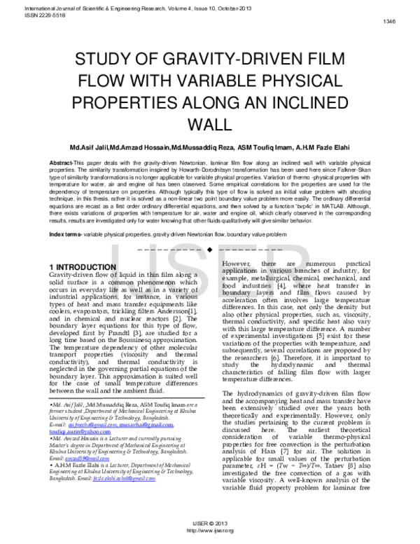 (PDF) Study of Gravity-Driven Film Flow with Variable Physical Properties Along an Inclined Wall