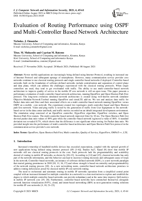 (PDF) Evaluation of Routing Performance using OSPF and Multi-Controller Based Network Architecture