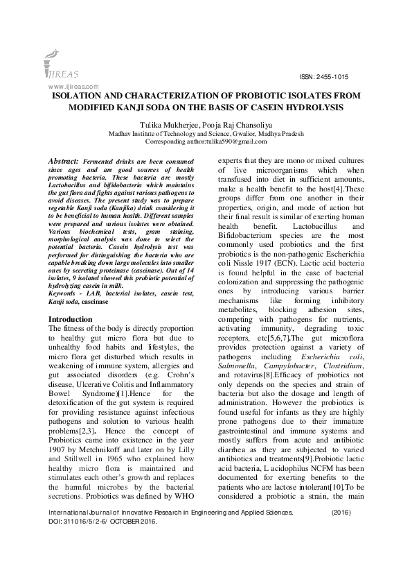 (PDF) ISOLATION AND CHARACTERIZATION OF PROBIOTIC ISOLATES FROM ...