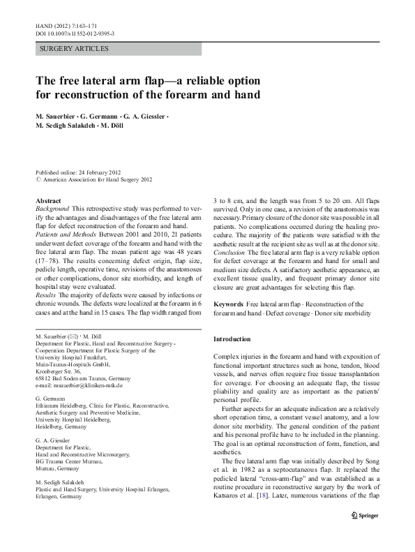 (PDF) The Free Lateral Arm Flap—A Reliable Option for Reconstruction of ...