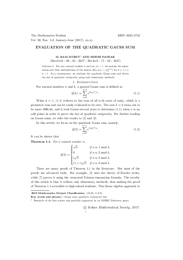 (PDF) Evaluation of the Quadratic Gauss Sum