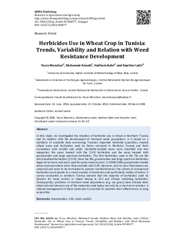 (PDF) Herbicides Use in Wheat Crop in Tunisia: Trends, Variability and ...