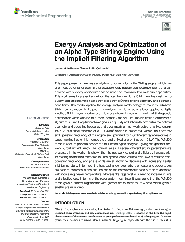 (PDF) Exergy Analysis and Optimization of an Alpha Type Stirling Engine ...