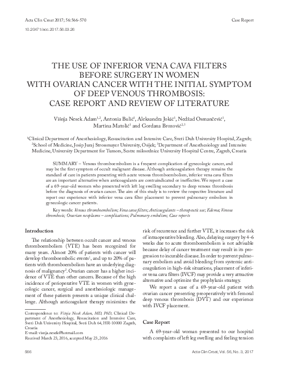(PDF) The Use of Inferior Vena Cava Filters before Surgery in Women with Ovarian Cancer with the ...
