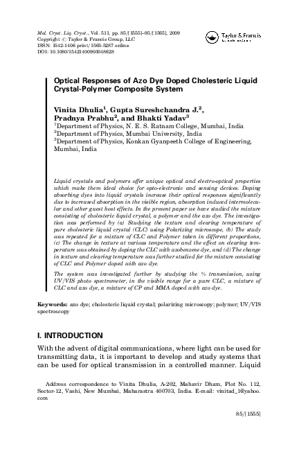 (PDF) Optical Responses of Azo Dye Doped Cholesteric Liquid Crystal ...