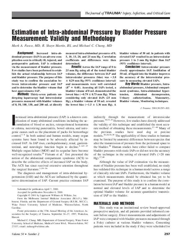 (PDF) Estimation of intra-abdominal pressure by bladder pressure mesurement