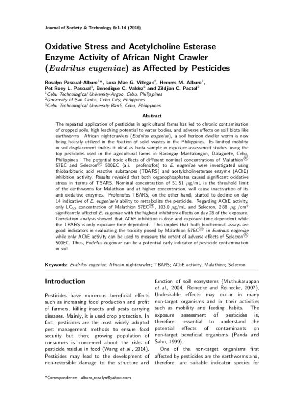 Pdf Oxidative Stress And Acetylcholine Esterase Enzyme Activity Of African Night Crawler
