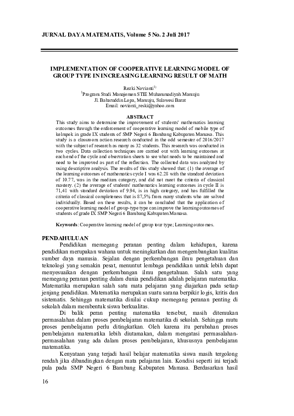 (PDF) Implementation of Cooperative Learning Model of Group Type in Increasing Learning Result ...