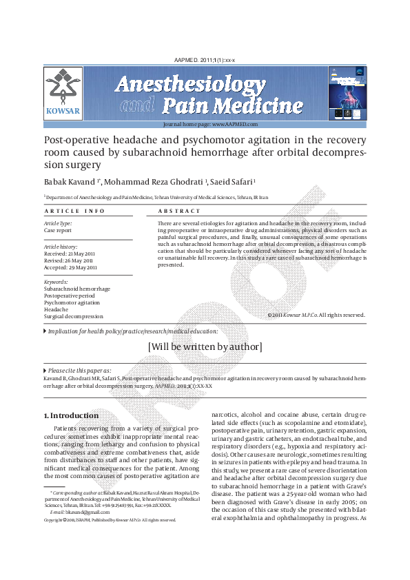 (PDF) Post-operative headache and psychomotor agitation in the recovery ...