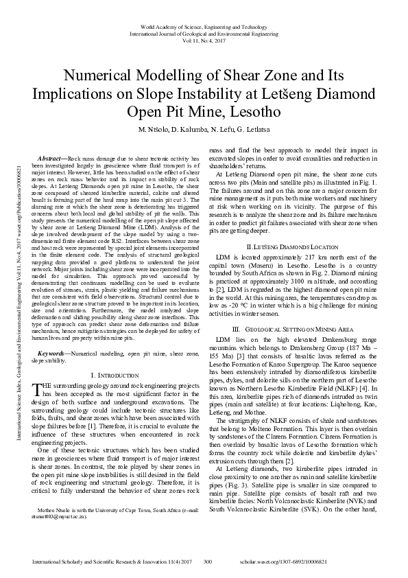 (PDF) Numerical Modelling Of Shear Zone And Its Implications On Slope Instability At Letšeng ...