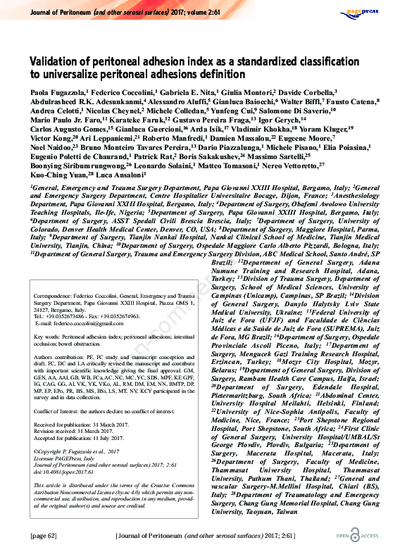 (PDF) Validation of peritoneal adhesion index as a standardized ...