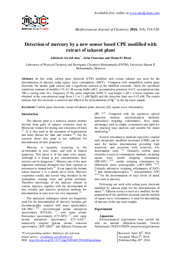 Pdf Detection Of Mercury By A New Sensor Based Cpe Modified With Extract Of Takaout Plant