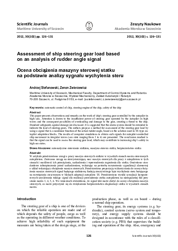 (PDF) Assessment of ship steering gear load based on an analysis of ...