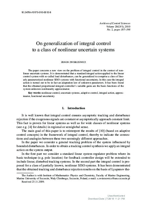 (PDF) On generalization of integral control to a class of nonlinear ...
