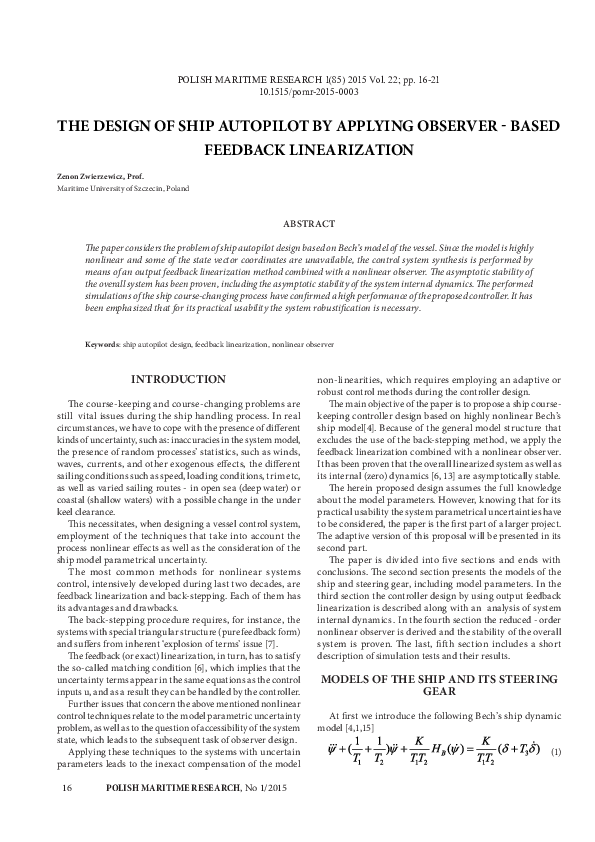 (PDF) The Design of Ship Autopilot by Applying Observer - Based ...