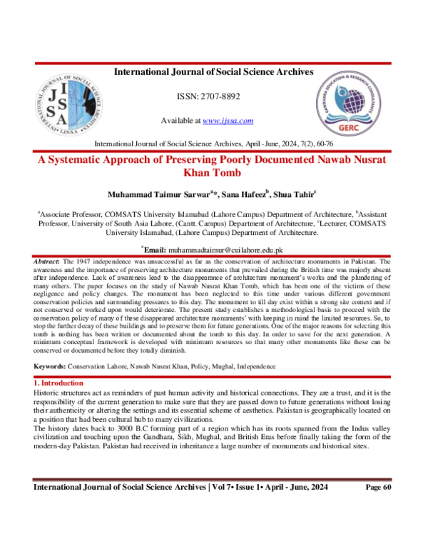 (PDF) A Systematic Approach of Preserving Poorly Documented Nawab Nusrat Khan Tomb