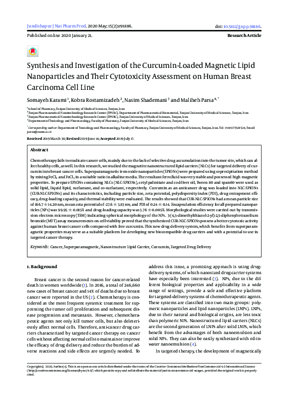 (PDF) Synthesis and Investigation of the Curcumin-Loaded Magnetic Lipid Nanoparticles and Their ...