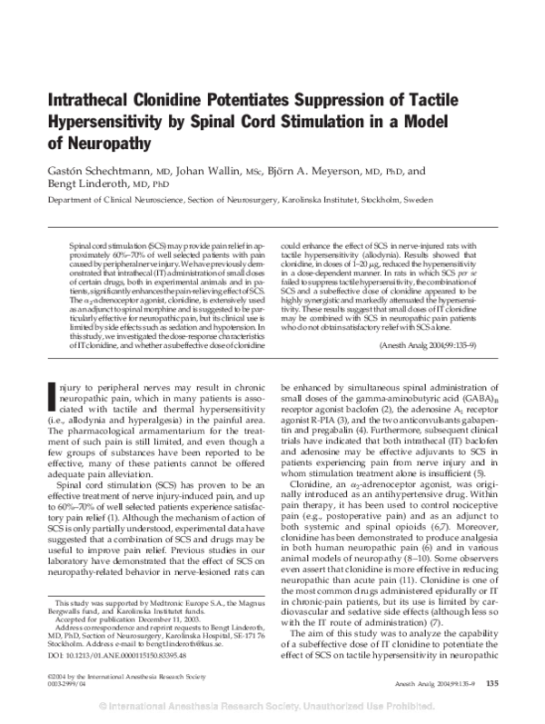 (PDF) Intrathecal Clonidine Potentiates Suppression of Tactile ...