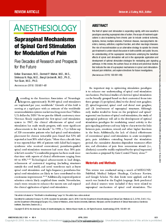 (PDF) Supraspinal Mechanisms of Spinal Cord Stimulation for Modulation ...
