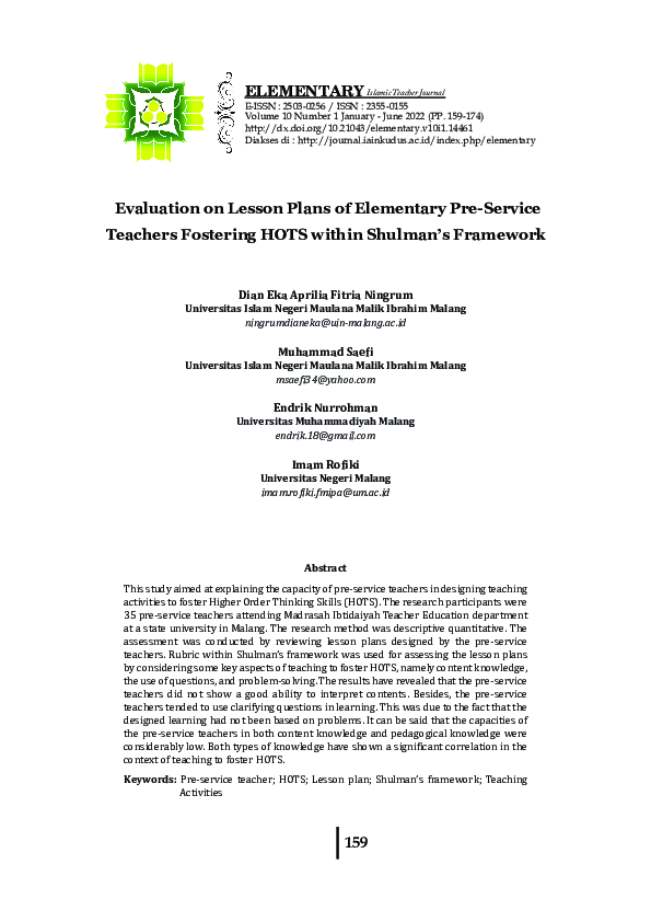 (PDF) Evaluation on Lesson Plans of Elementary Pre-Service Teachers ...