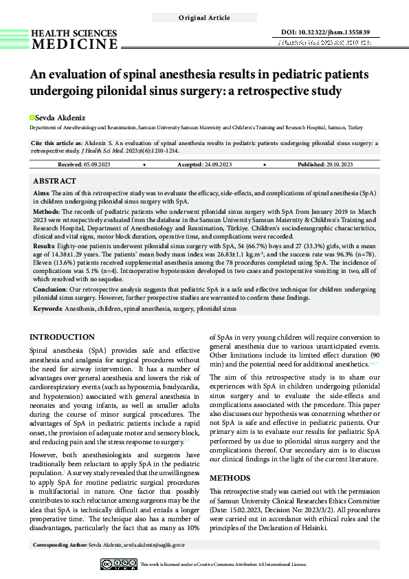 (PDF) An evaluation of spinal anesthesia results in pediatric patients ...