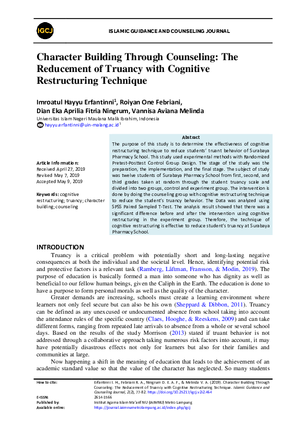 (PDF) Character Building Through Counseling: The Reducement of Truancy with Cognitive ...