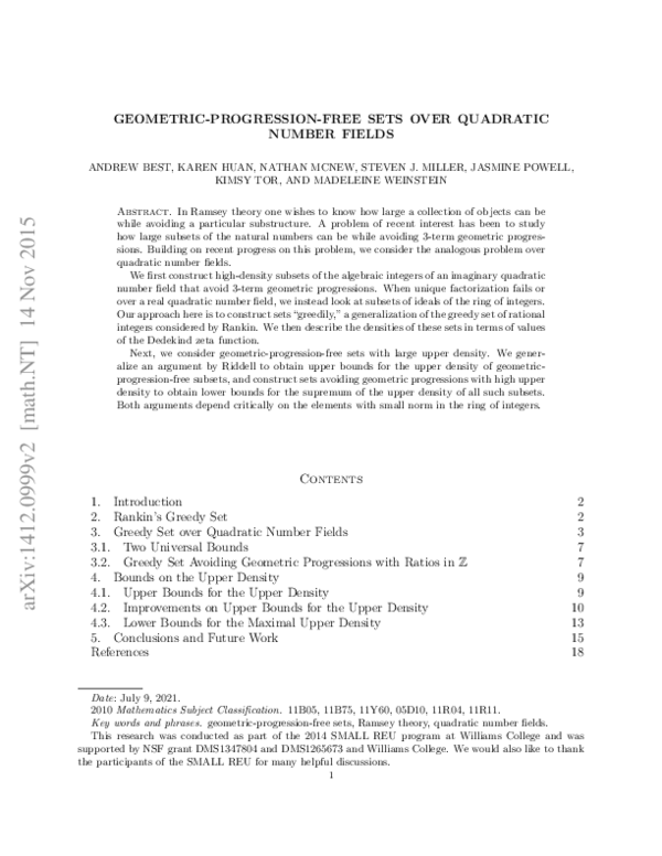 (PDF) Geometric-progression-free sets over quadratic number fields