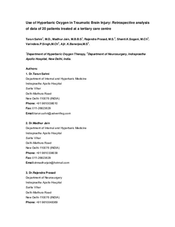 (PDF) Use of hyperbaric oxygen in traumatic brain injury: Retrospective ...