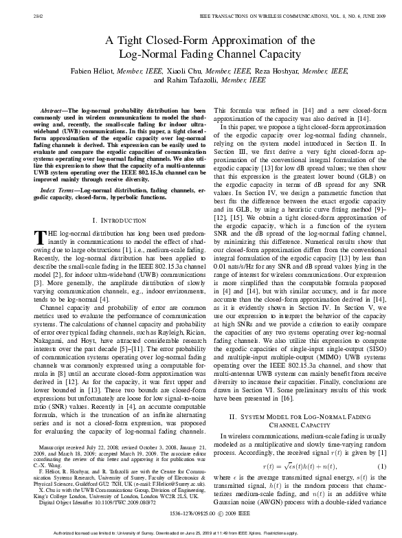 (PDF) A tight closed-form approximation of the log-normal fading channel capacity