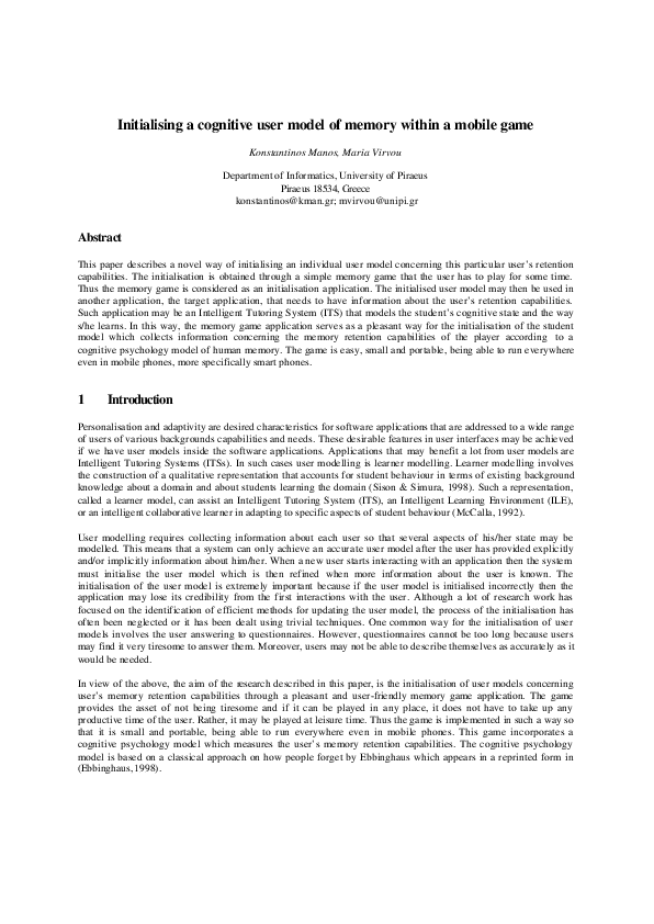 (PDF) Initialising a cognitive user model of memory within a mobile game