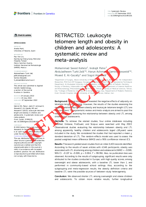 (PDF) Leukocyte telomere length and obesity in children and adolescents: A systematic review and ...