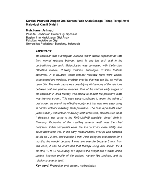 (PDF) Koreksi Protrusif Dengan Oral Screen Pada Anak Sebagai Tahap ...