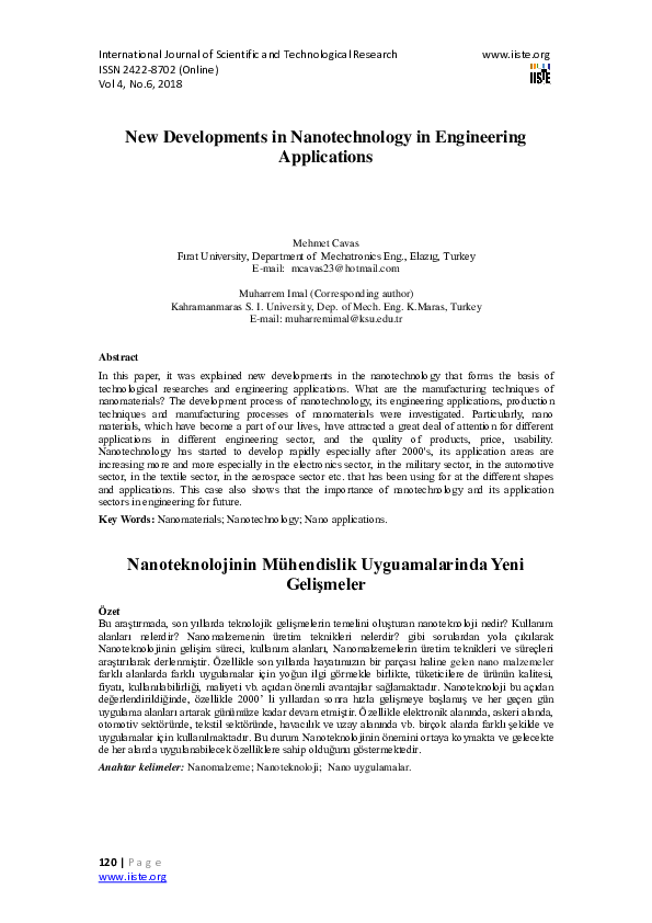 (PDF) New Developments in Nanotechnology in Engineering Applications