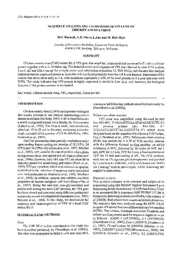 (PDF) Sequence analysis and expression of VP3 gene of chicken anaemia virus