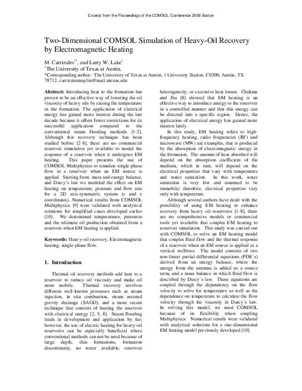 (PDF) Two-Dimensional COMSOL Simulation of Heavy-Oil Recovery by Electromagnetic Heating