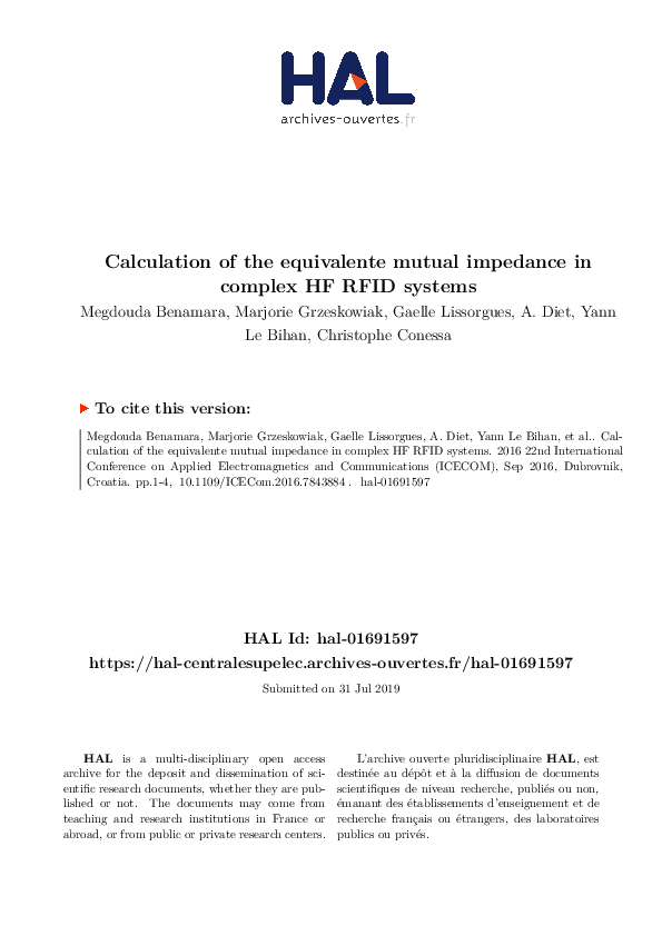 (PDF) Calculation of the equivalente mutual impedance in complex HF RFID systems