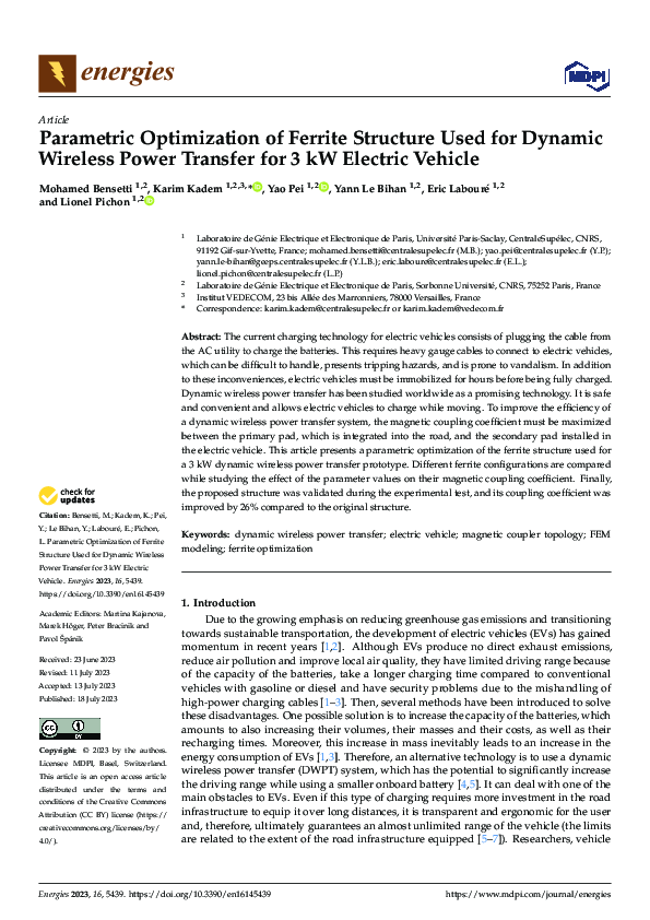(PDF) Parametric Optimization of Ferrite Structure Used for Dynamic Wireless Power Transfer for ...
