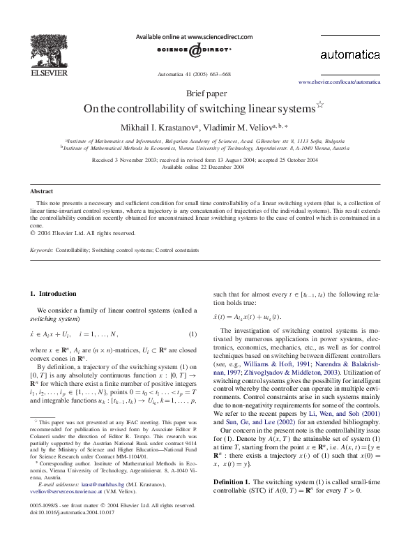 (PDF) On the controllability of switching linear systems
