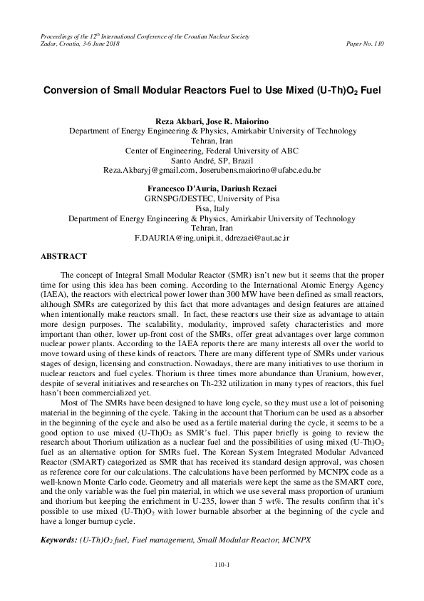 (PDF) Conversion of Small Modular Reactors Fuel to Use Mixed (U-Th)O2 Fuel